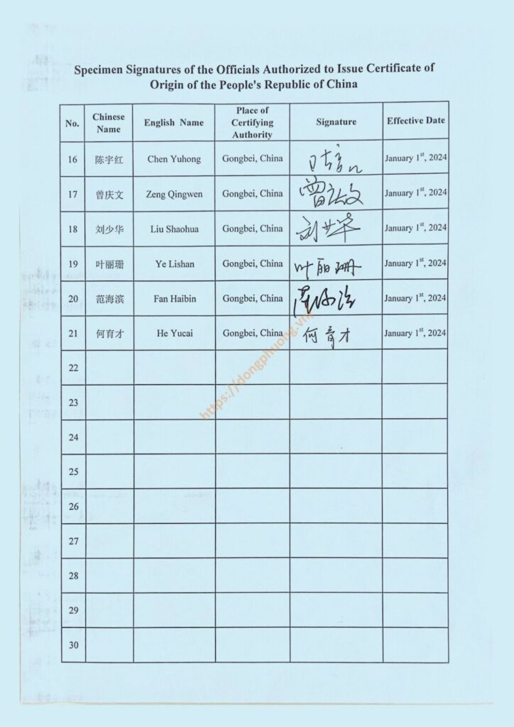 Mẫu dấu và chữ ký form E 2024 Gongbei Customs