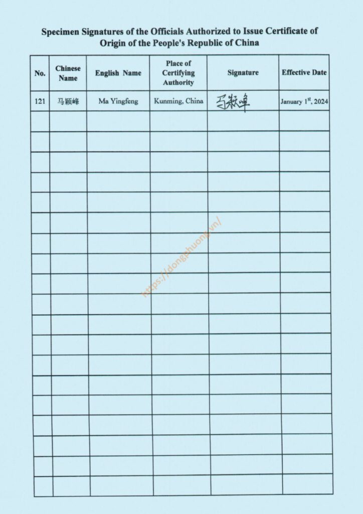 Mẫu dấu và chữ ký form E 2024 Kunming Customs
